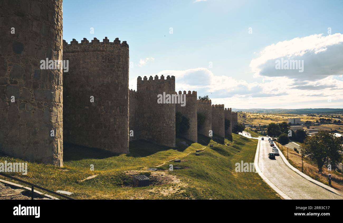 View to The Walls of Avila historic city, against blue sky during sunny ...