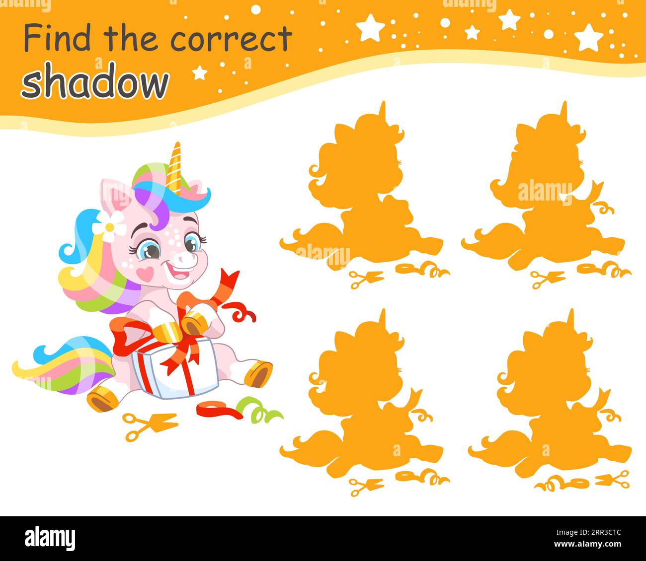 Find the correct shadow. Cute unicorn with gift and orange shadows ...