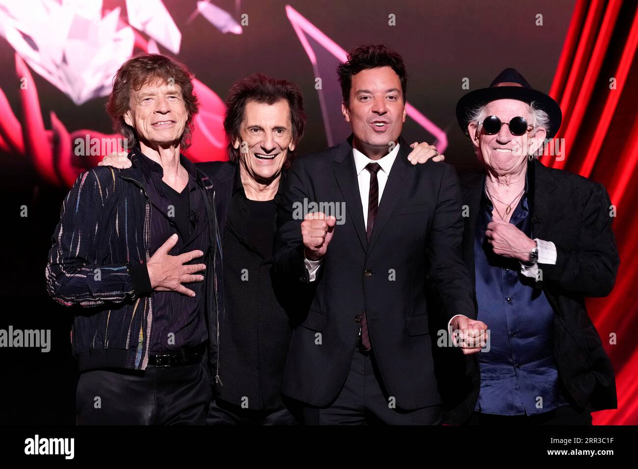 Mick Jagger, from left, Ronnie Wood, Jimmy Fallon and Keith Richards ...