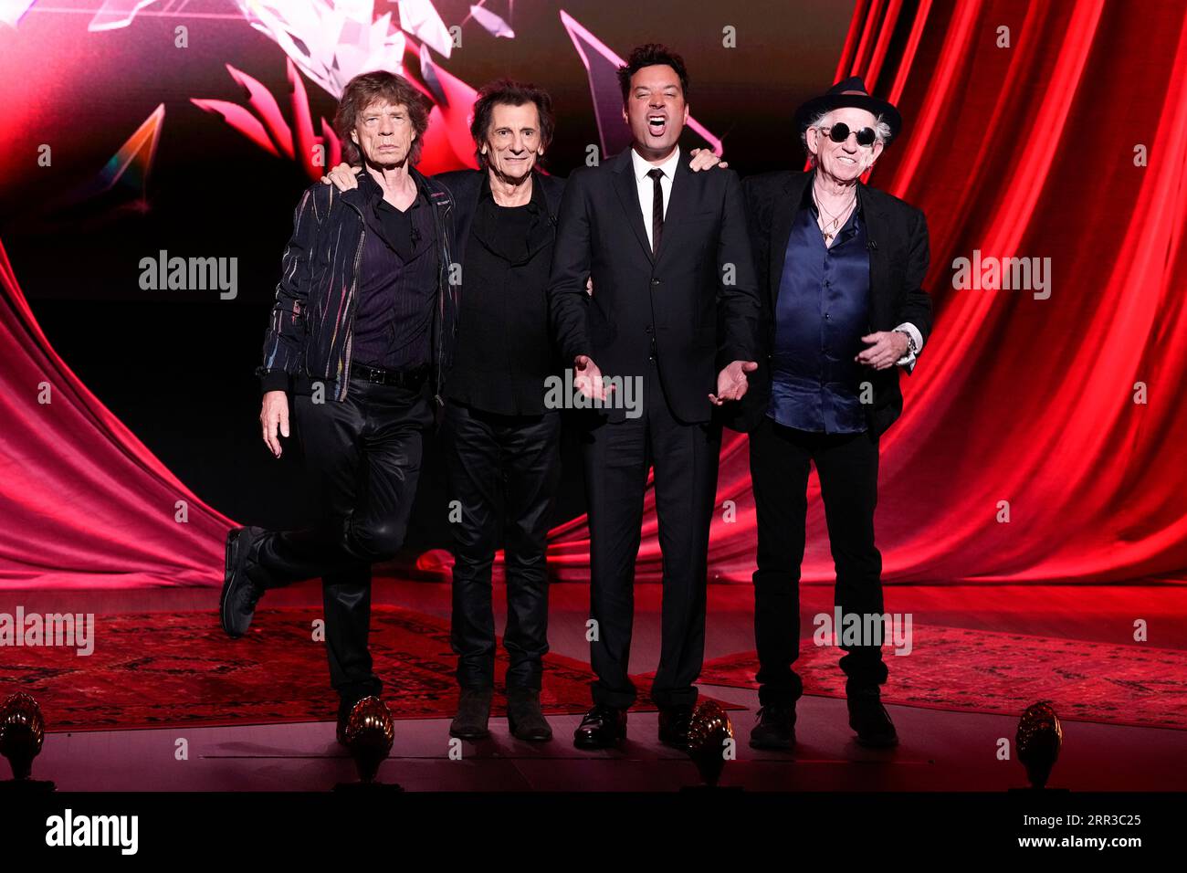 Mick Jagger, from left, Ronnie Wood, Jimmy Fallon and Keith Richards ...
