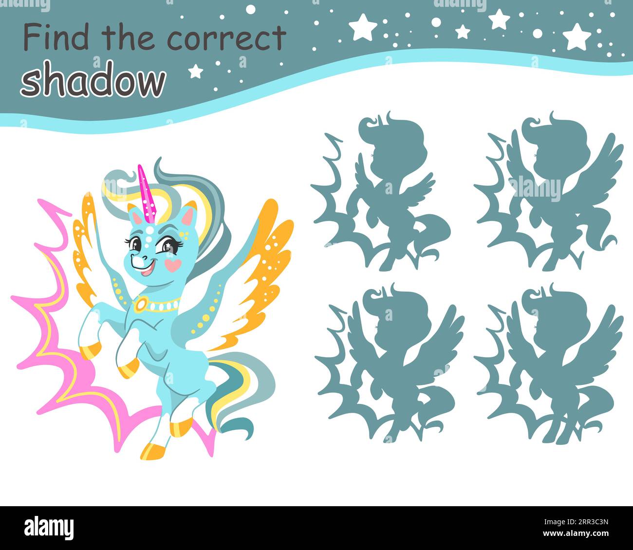 Find the correct shadow. Cute unicorn with wings and turquoise shadows ...