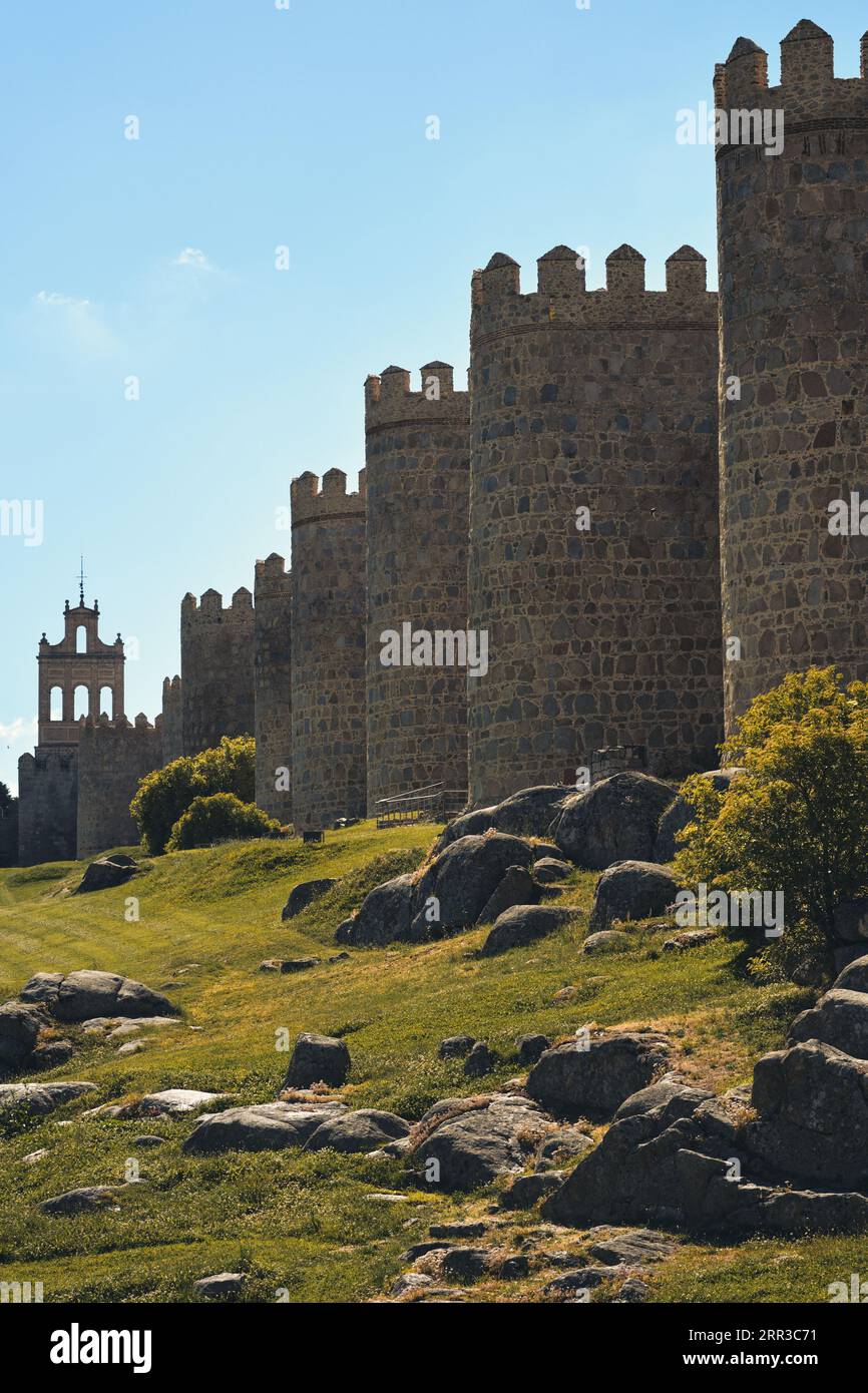 View to The Walls of Avila historic city, against blue sky during sunny ...
