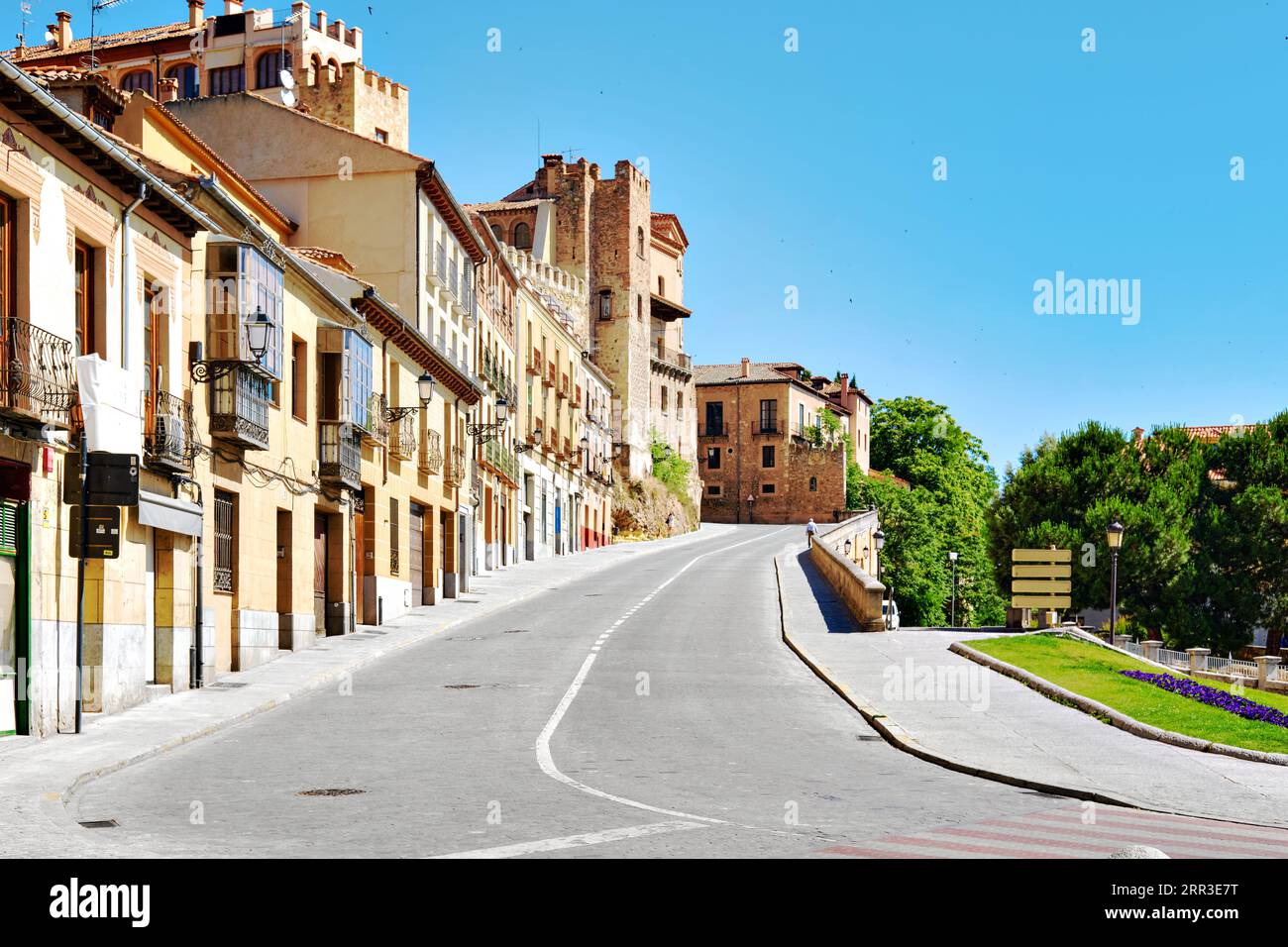 Empty road and street, typical residential houses of Segovia during ...