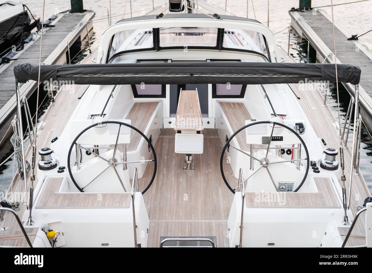 View of the dashboard on the deck of a luxury sailing yacht, as seen ...