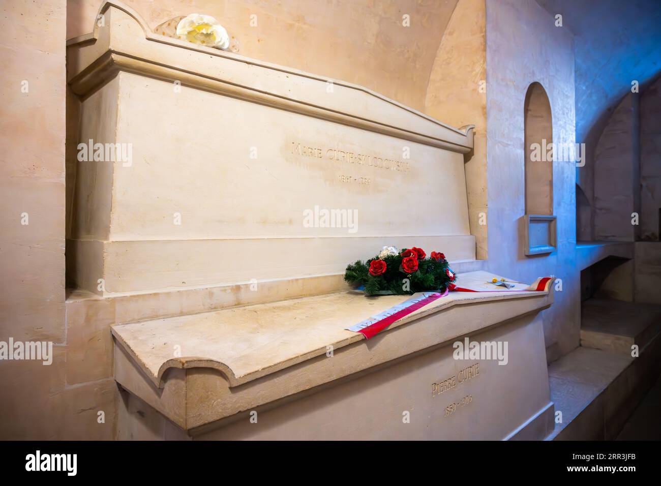 The Tomb of Marie Curie-Sklodowska and Pierre Currie in the crypt of Pantheon in Paris, France ...