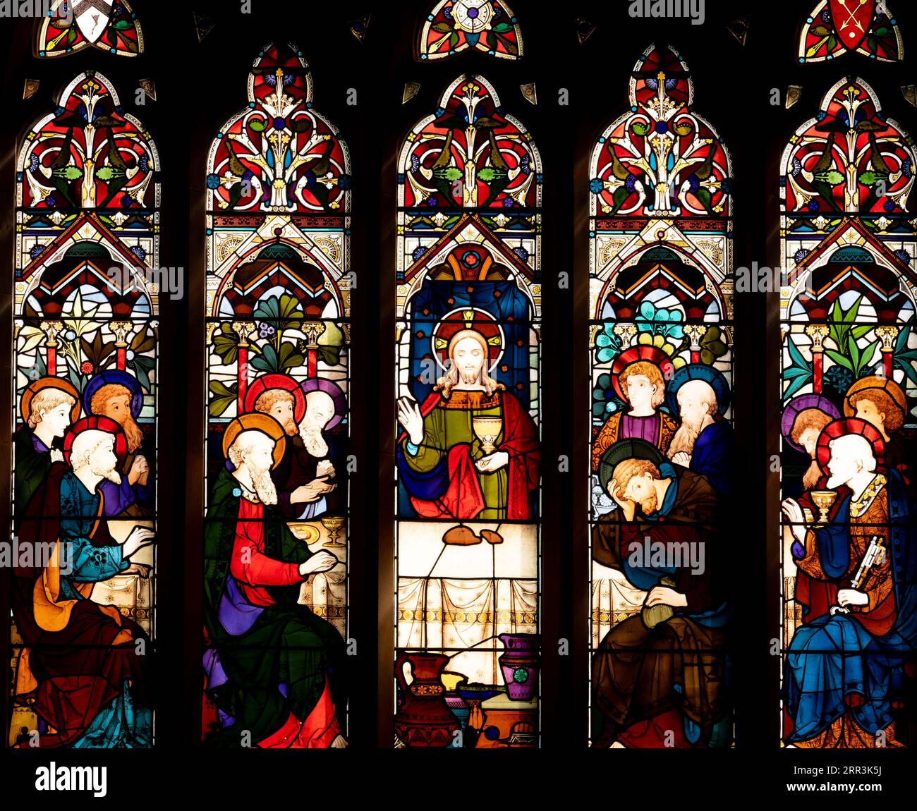Last Supper stained glass in east window, All Saints Church, Allesley ...