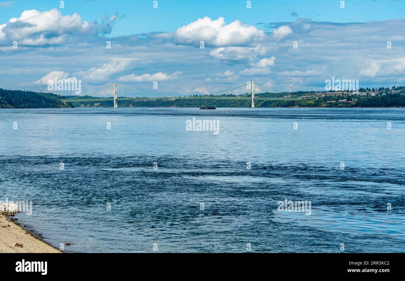 A view of the Tacoma Narrows Bridge from Fox Island in Washington State ...