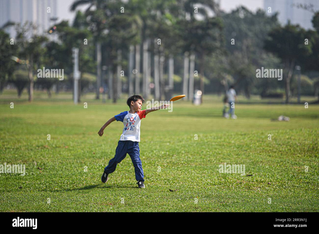 201107 -- HAIKOU, Nov. 7, 2020 -- A boy plays frisbee at Evergreen Park ...