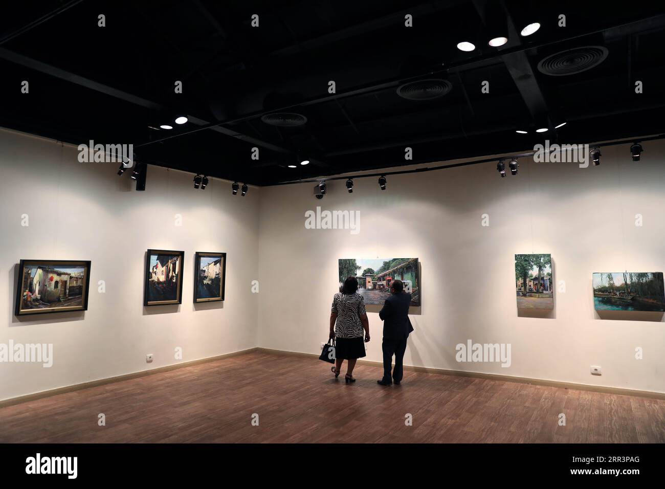 201108 -- CAIRO, Nov. 8, 2020 -- Visitors look at a painting during the ...