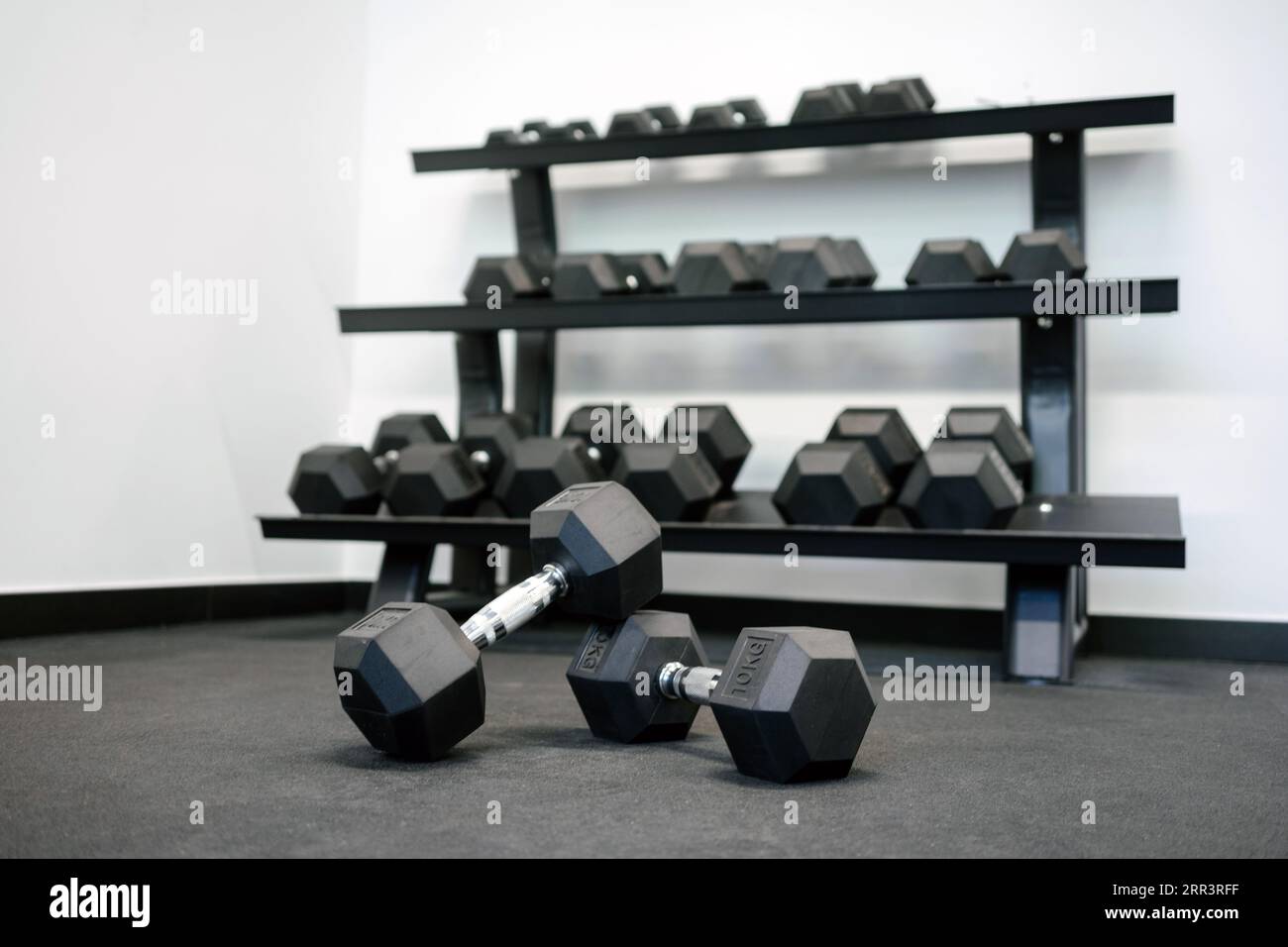 Concept: return to routine. Training equipment. Dumbbell rack. Indoor ...
