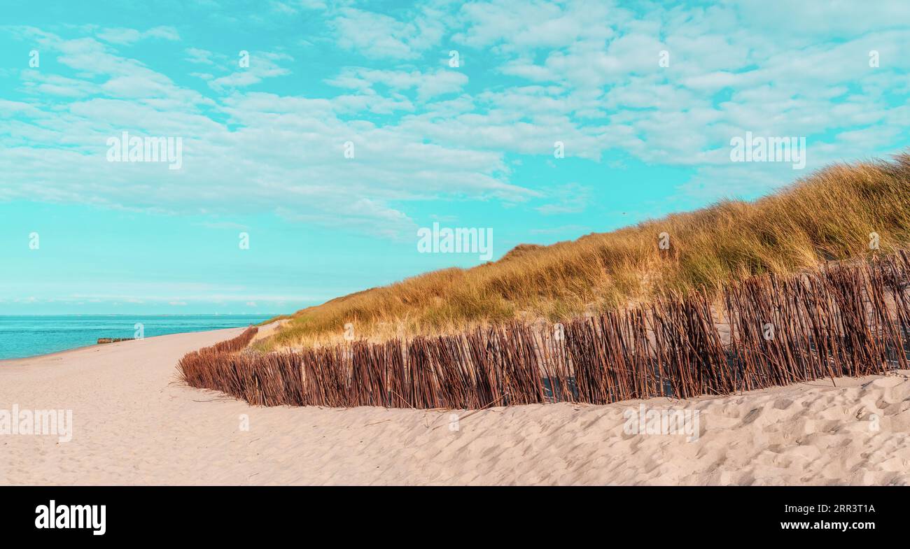 Landscape with the beautiful beach on Sylt island under a blue sky ...