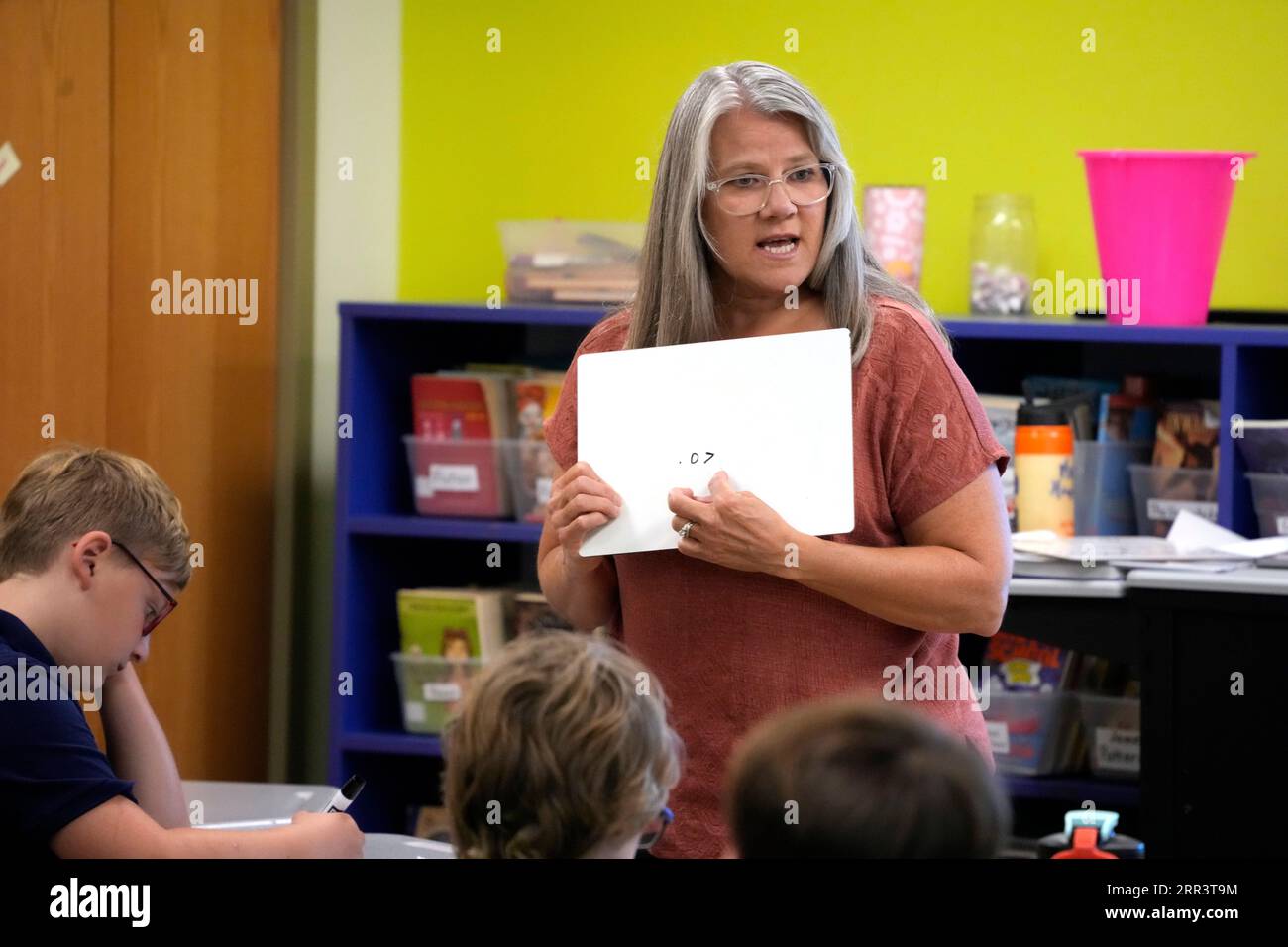 Elementary math teacher Margie Howells teaches a fifth grade class at Wheeling Country Day ...