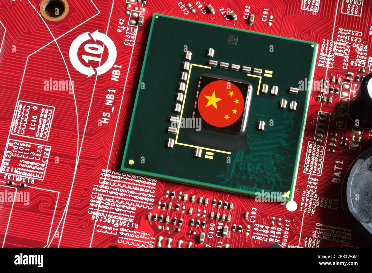 China flag on a processor, central processing unit CPU or GPU microchip ...