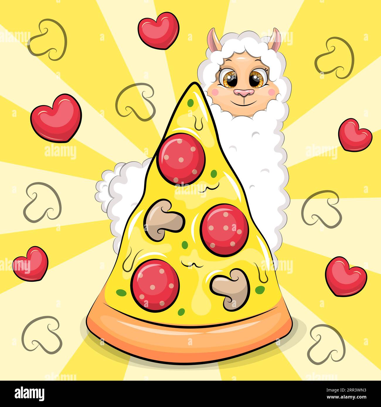 Cute cartoon white llama with a big slice of pizza. Vector illustration ...