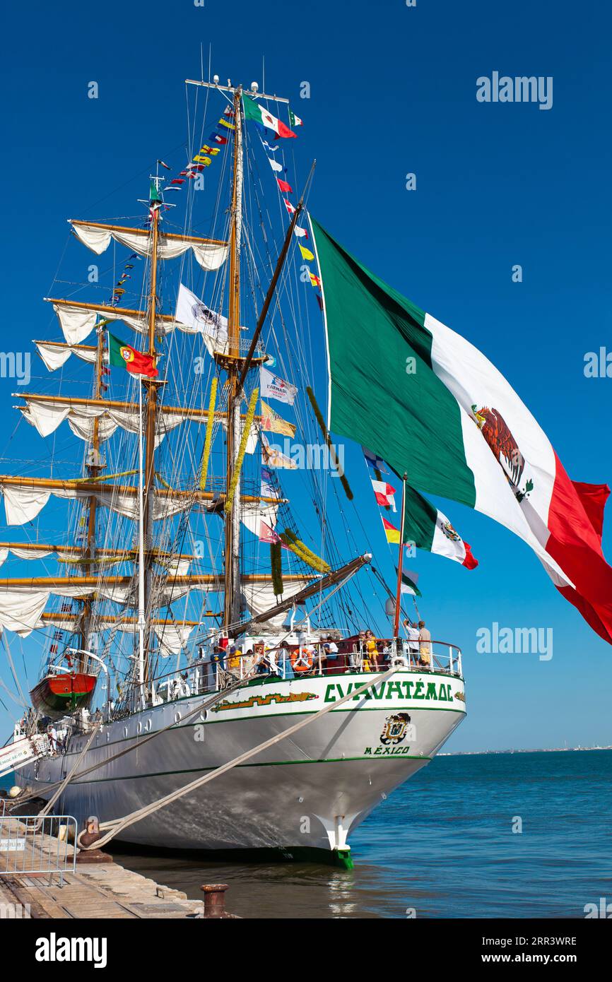 Lisbon, Portugal, August 31, 2023: Mexican sailboat Cuauhtémoc in docks ...
