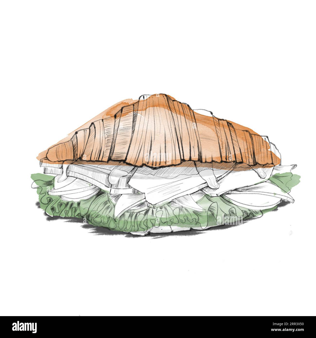 Line art drawing of a croissant with stuffing with colored spots on a ...