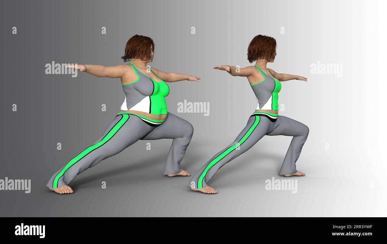 Conceptual fat overweight obese female vs slim fit healthy body after ...