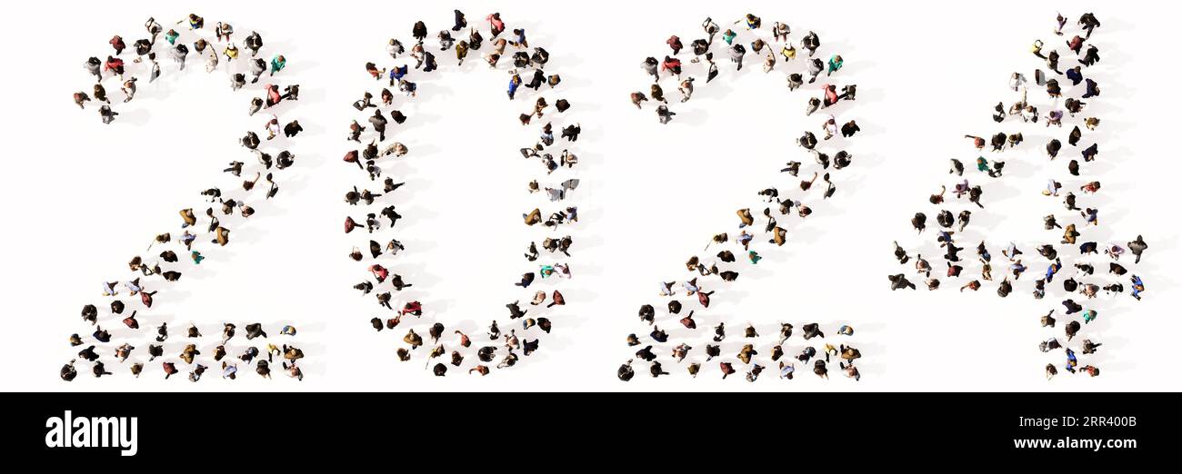 Concept or conceptual large community of people forming 2024 year. 3d ...