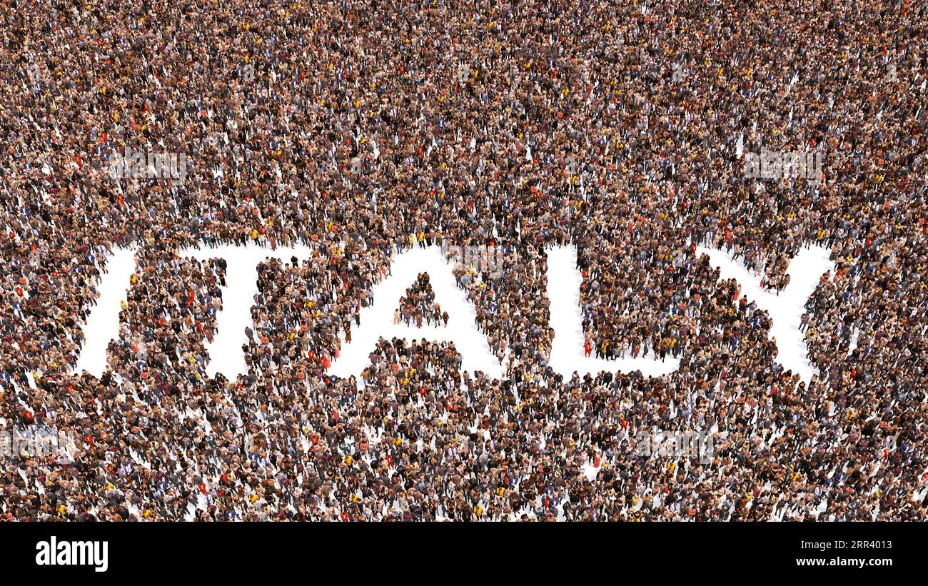 Concept or conceptual large community of people forming the word ITALY ...