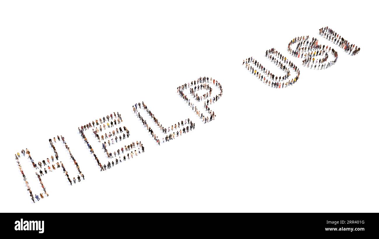 Concept or conceptual large community of people forming HELP US message ...