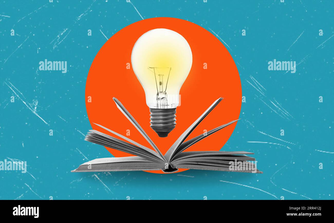 Artistic collage, a light bulb above an open book. The concept is ...
