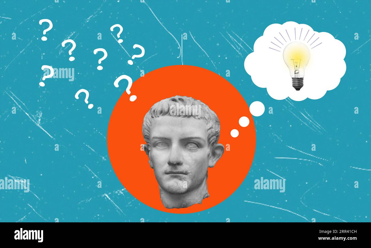 Art collage, a marble head thinking, thoughts in a bubble like an idea ...