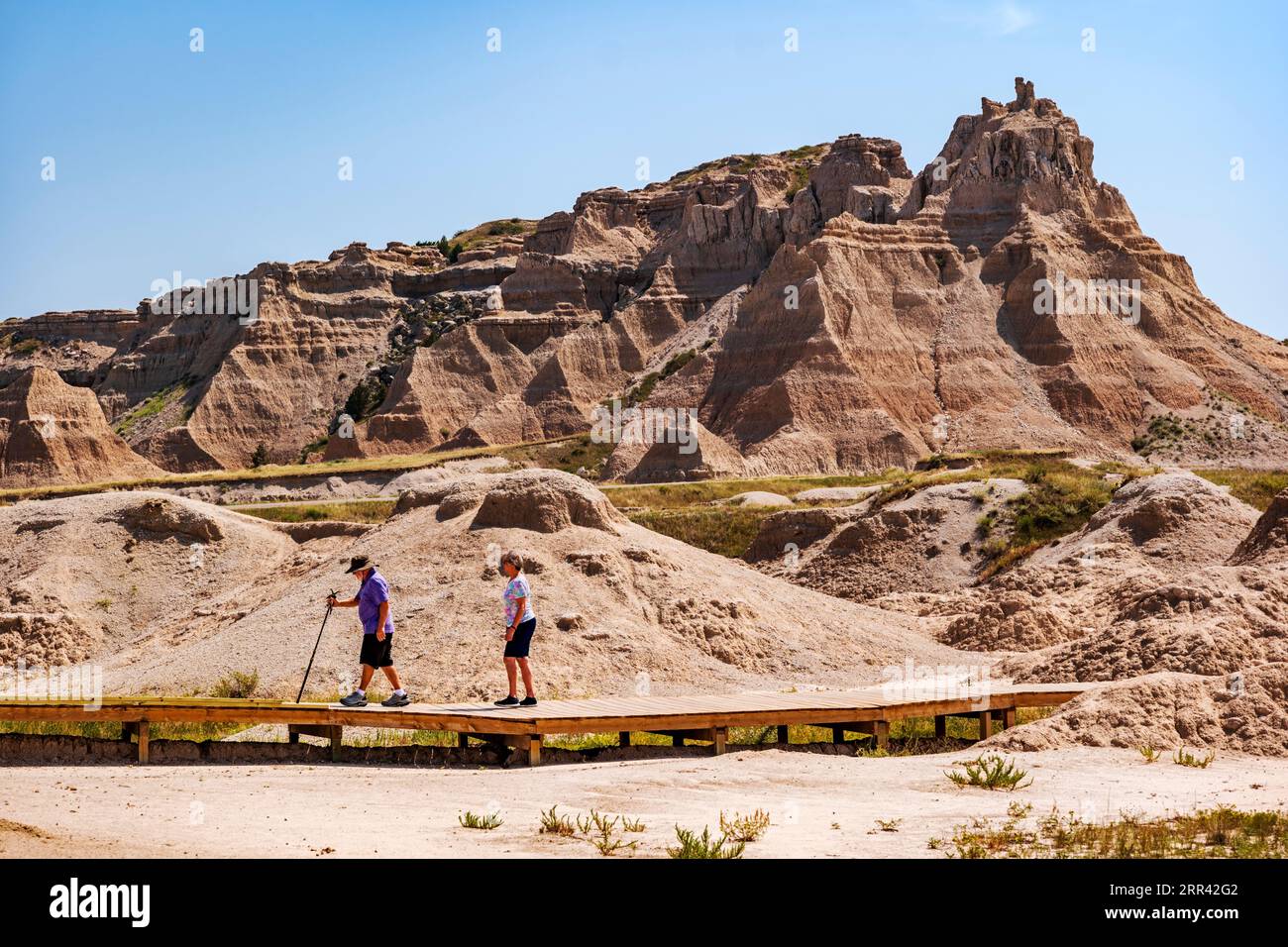 Tourists visit Badlands National Park; Fossil Exhibit Trail; South ...
