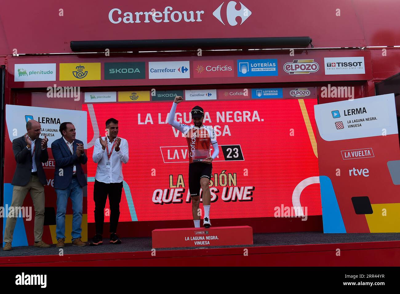 Cofidis' Jesus Herrada celebrates on the podium after winning the ...