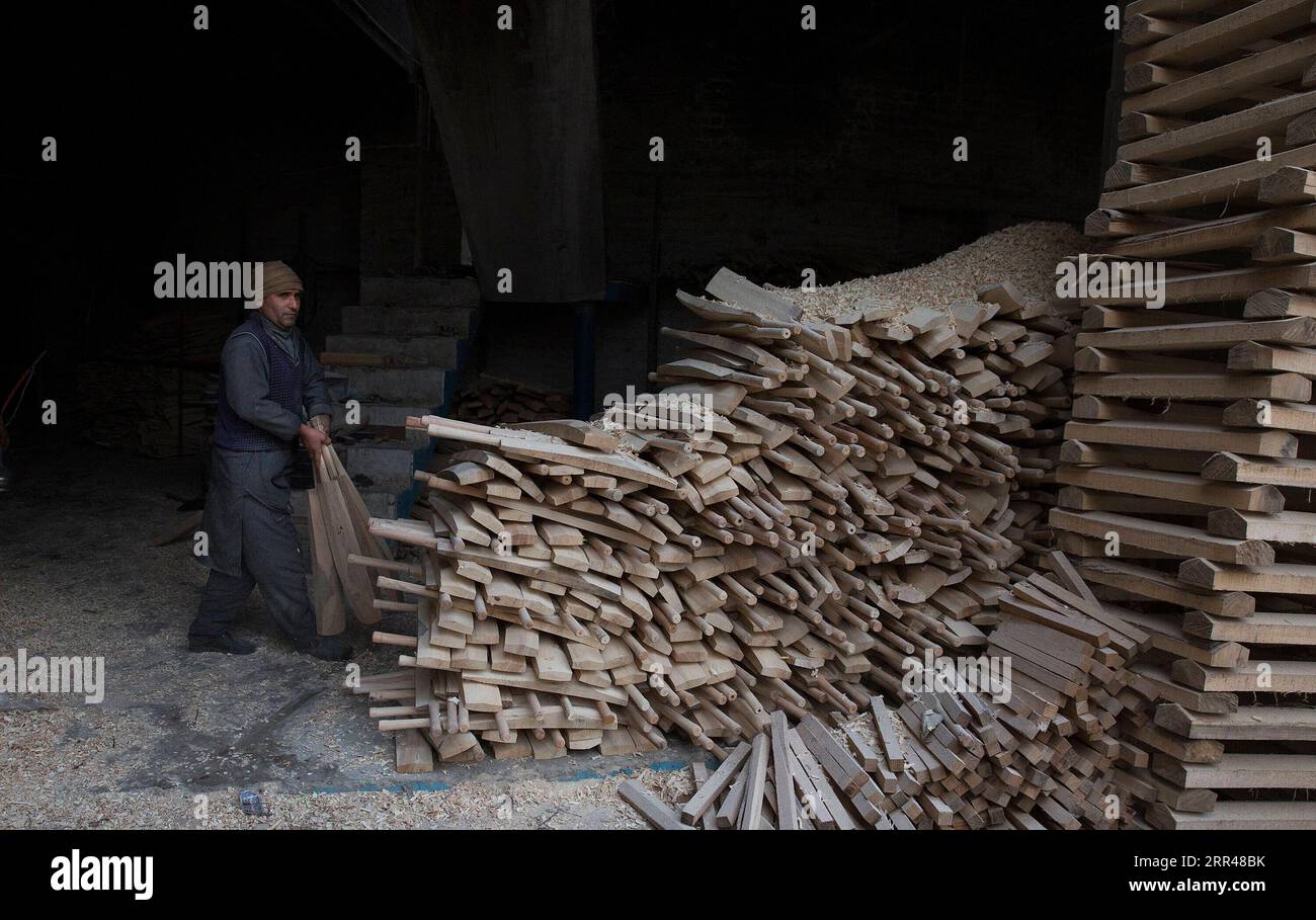201124 -- SRINAGAR, Nov. 24, 2020 -- A worker piles up cricket bats at ...