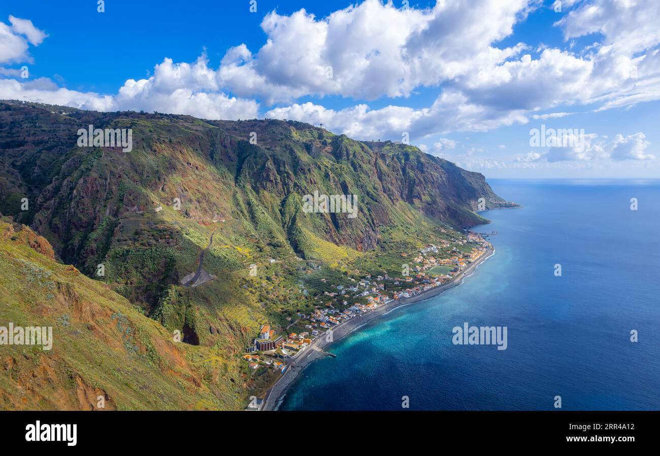 Landscape with panoramic view of Paul do Mar and the coast of Madeira ...