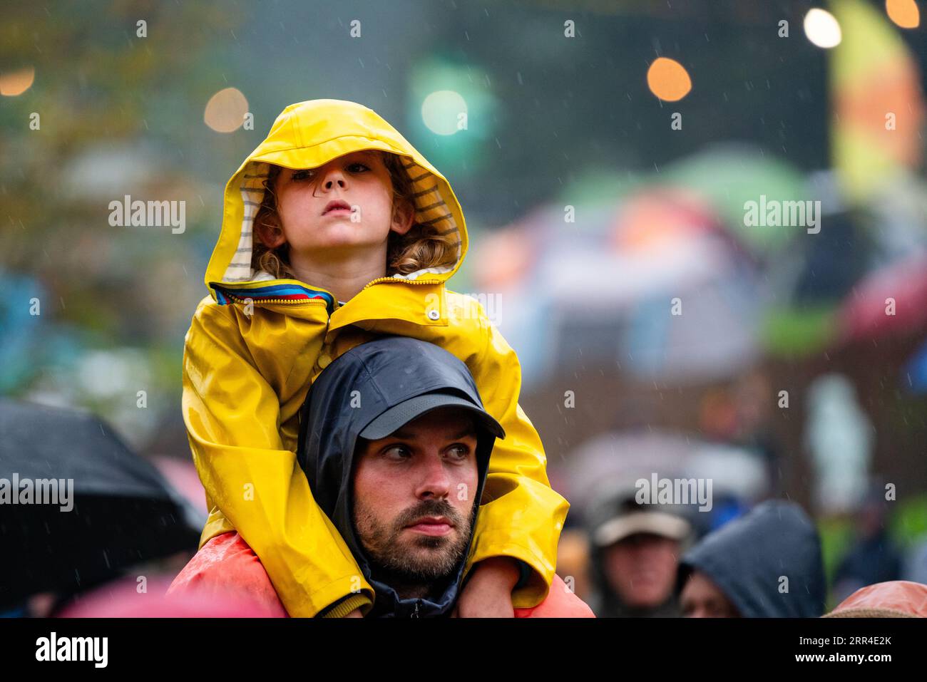 A child fan on their parent's shoulders in the rainstorm rain and mud ...