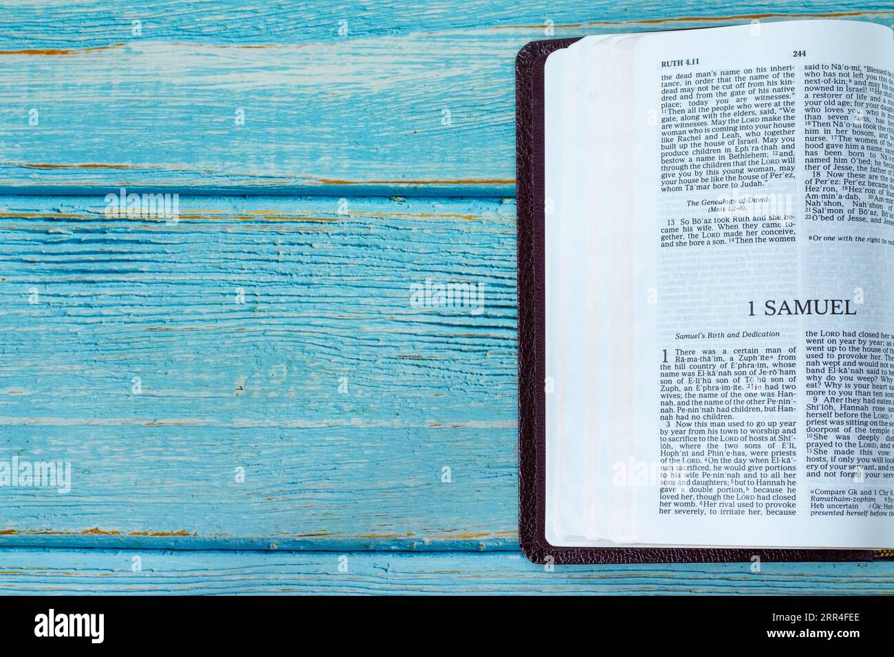 1 Samuel open Holy Bible Book on a rustic wooden background with copy ...