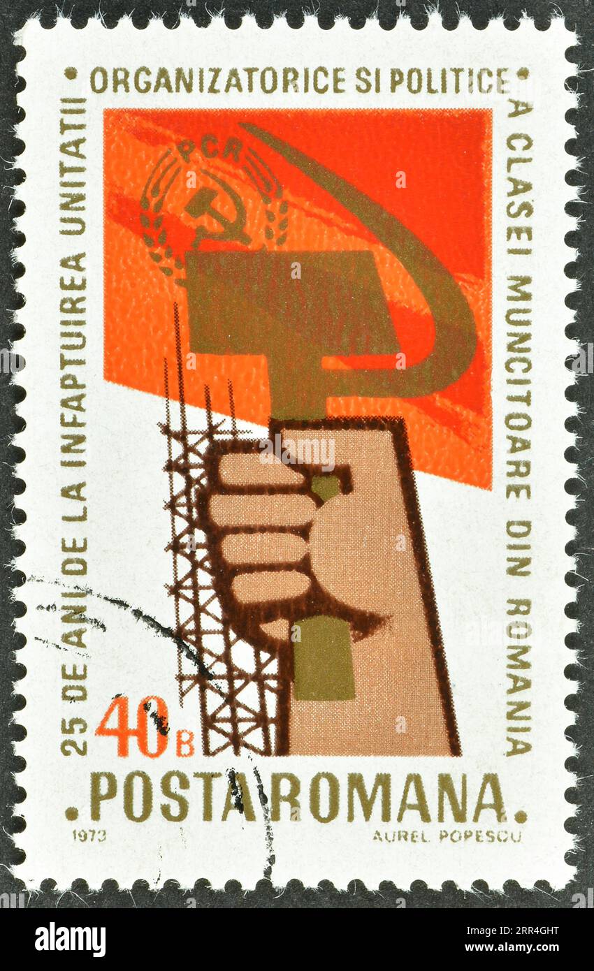 Cancelled postage stamp printed by Romania, that shows shows Flag and ...