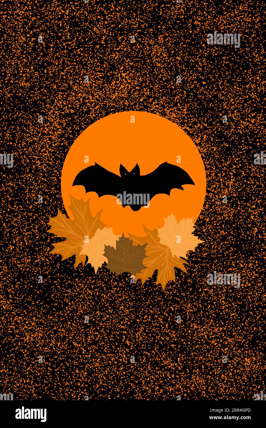 halloween background. black bat inside an orange sphere and autumn ...