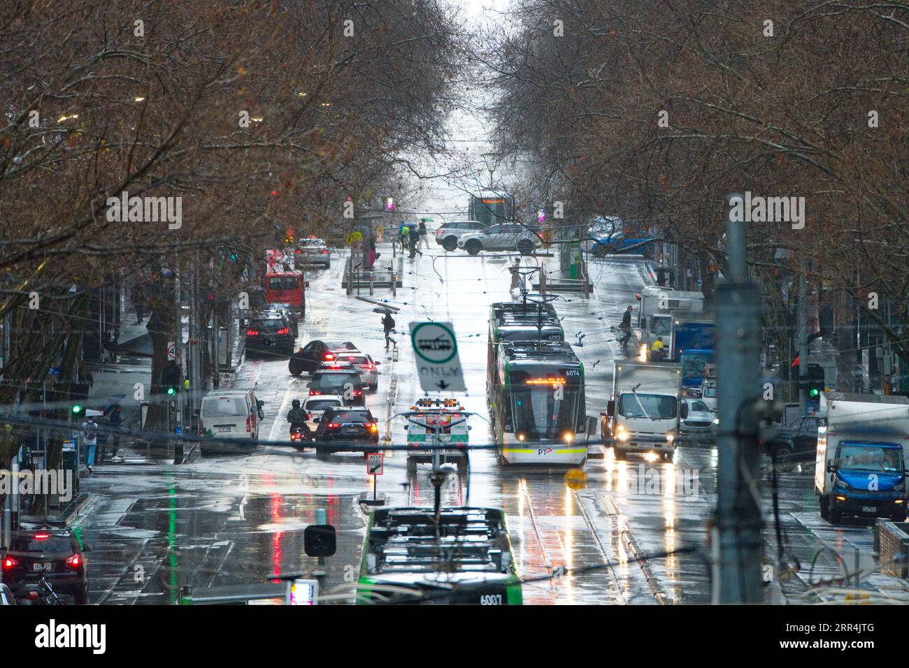 Busy city street on a wet day with trees, people, cars, city circle ...
