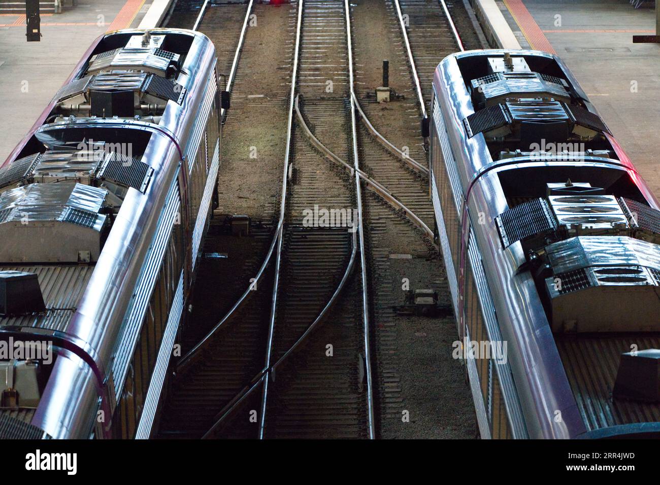 Public transport Melbourne showing electric passenger trains waiting at ...