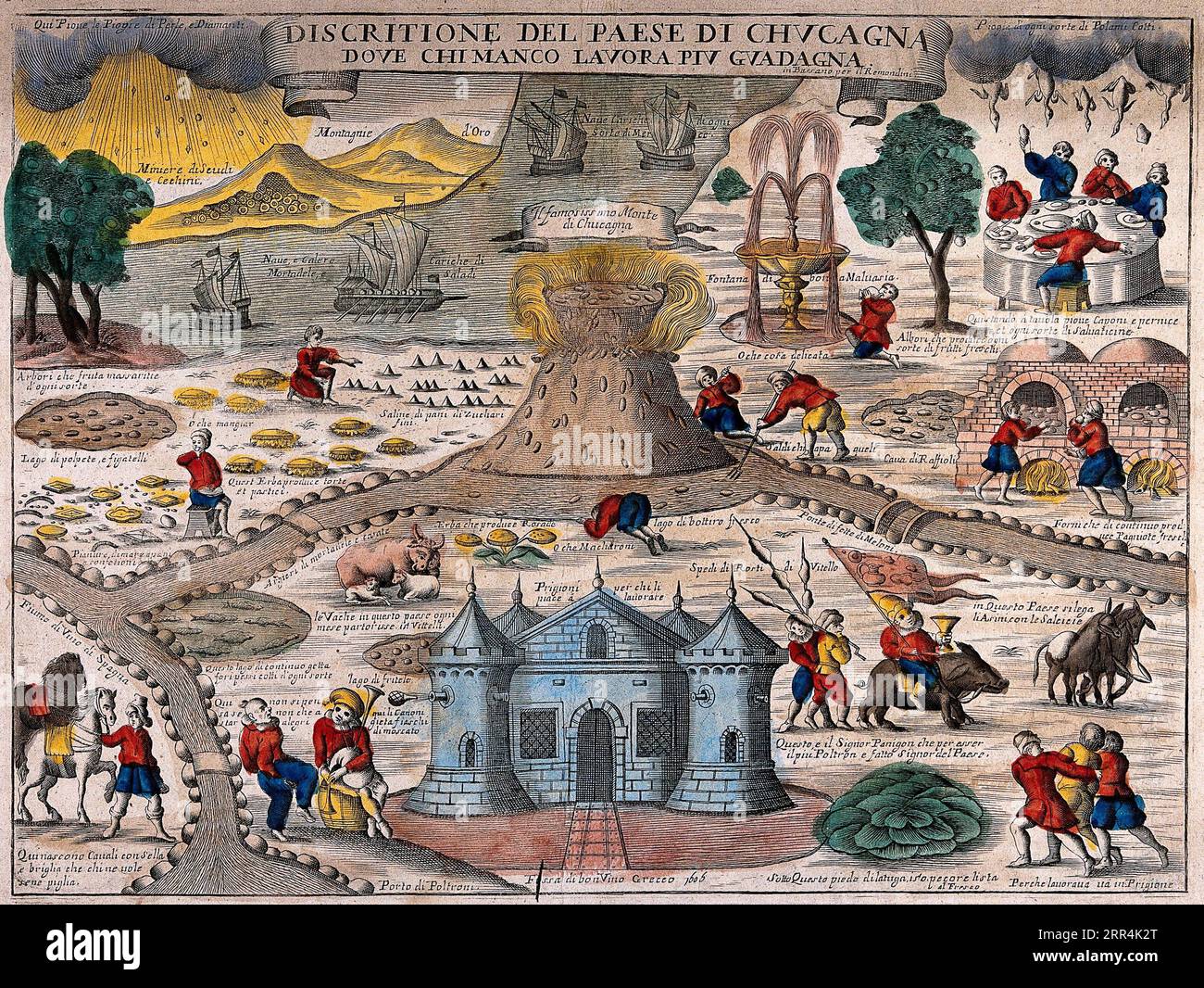 The land of Cockaigne, a castle, volcano and ships with people riding ...