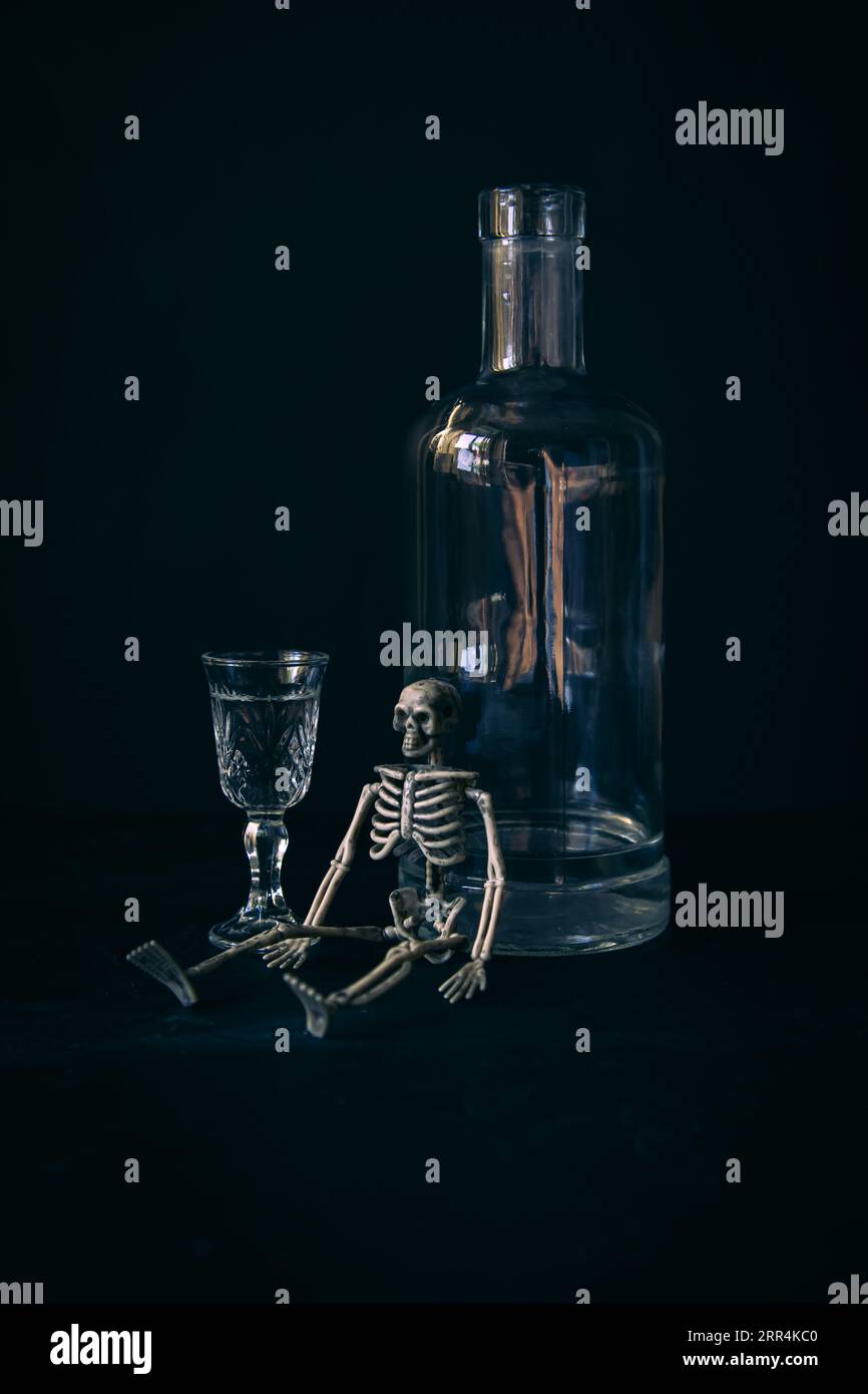 Human skeleton sits with a bottle and a glass of vodka in a dark room ...