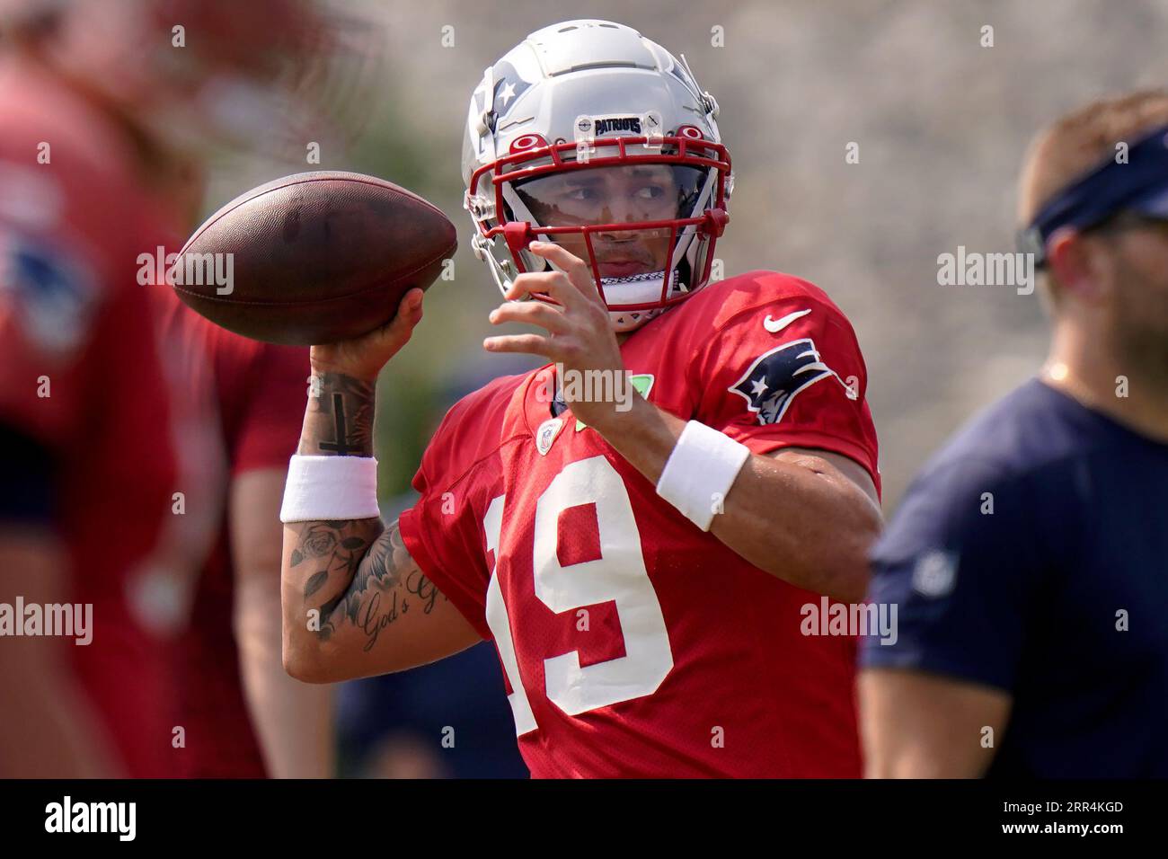 New England Patriots quarterback Matt Corral throws a pass during NFL football practice ...