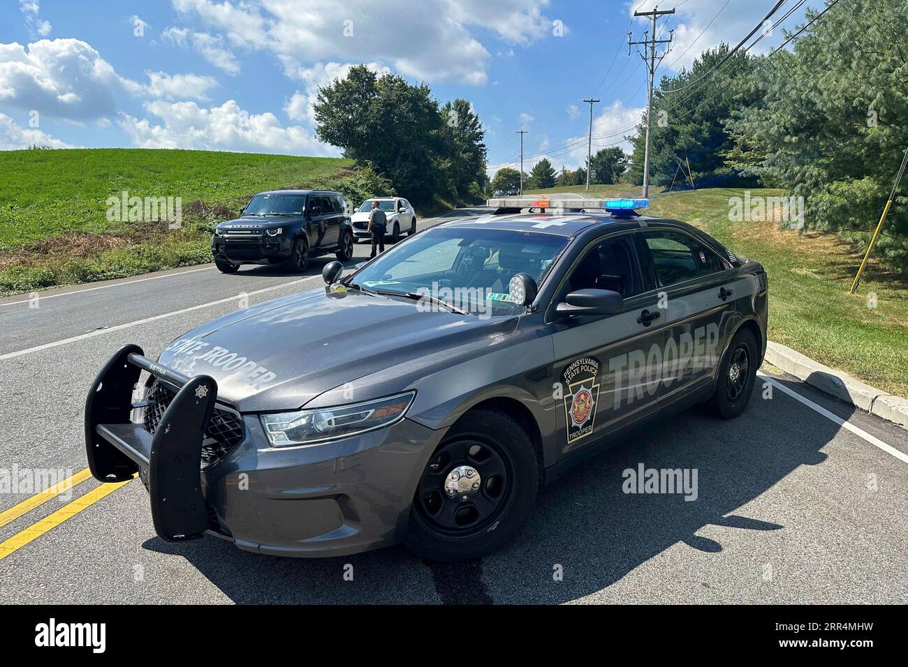Police vehicles block a road near Chester County Prison where convicted ...