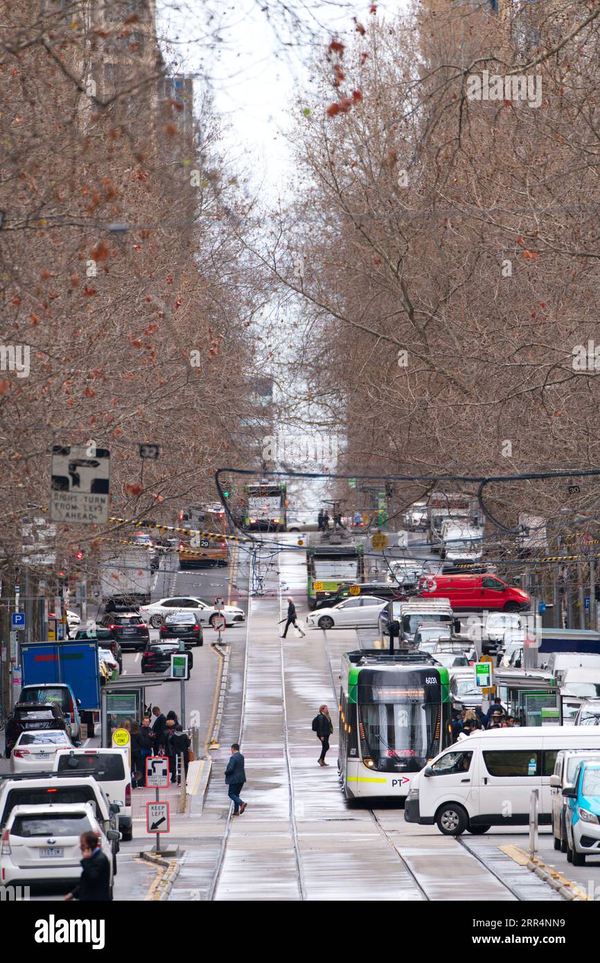 Busy city street with trees, people, cars, city circle trams, movement ...