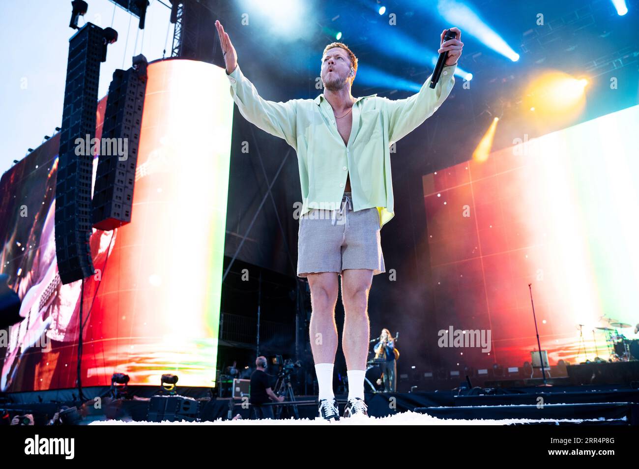 Leeds, UK. 25th August 2023. Dan Reynolds, guitarist Wayne Sermon ...