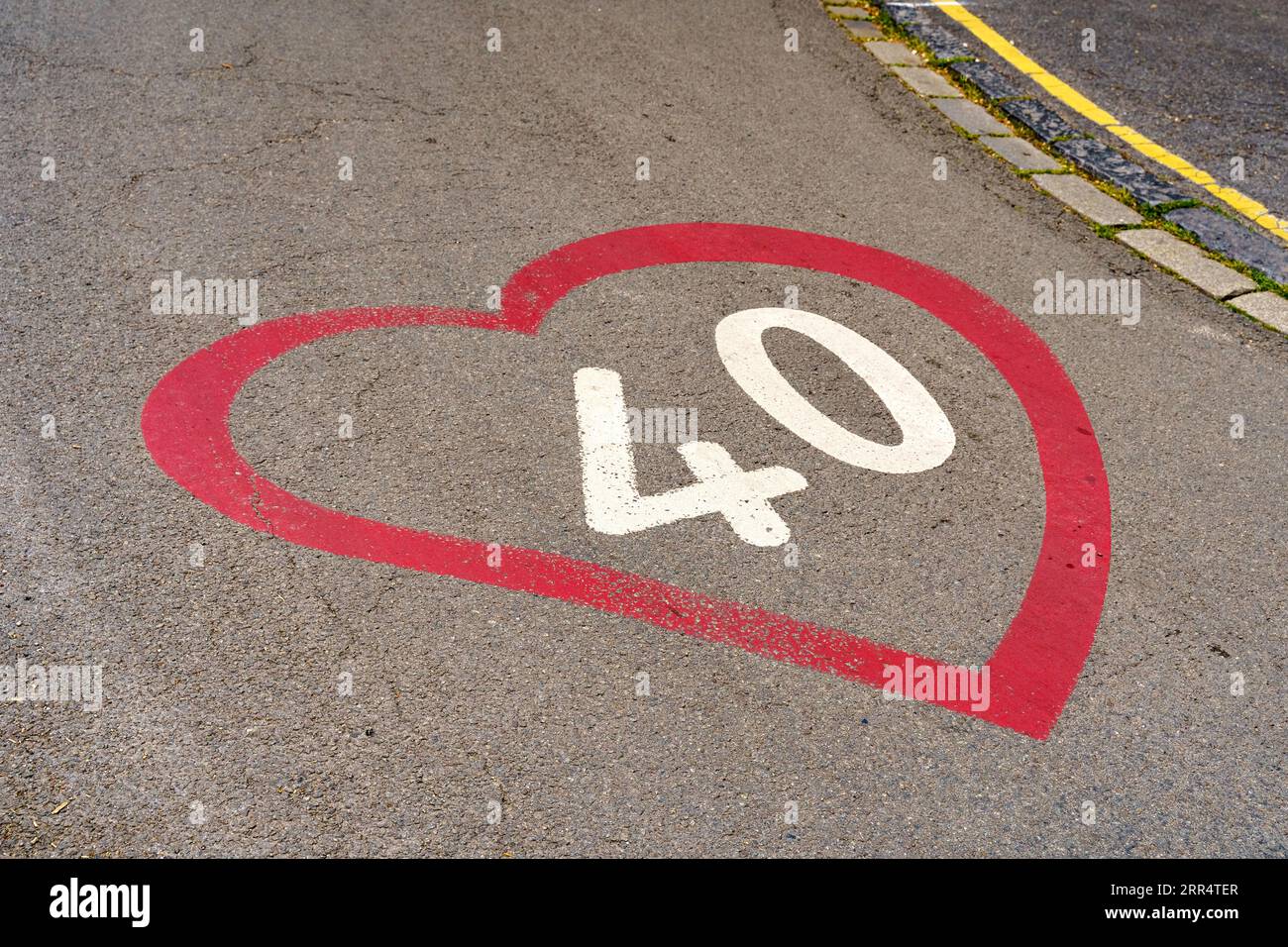 The speed limit sign is painted on the road in white paint and circled ...