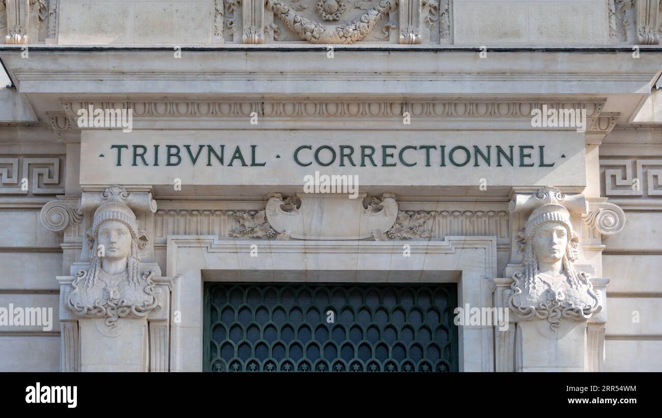 Close-up of the sign written on a facade of the courthouse of Paris ...