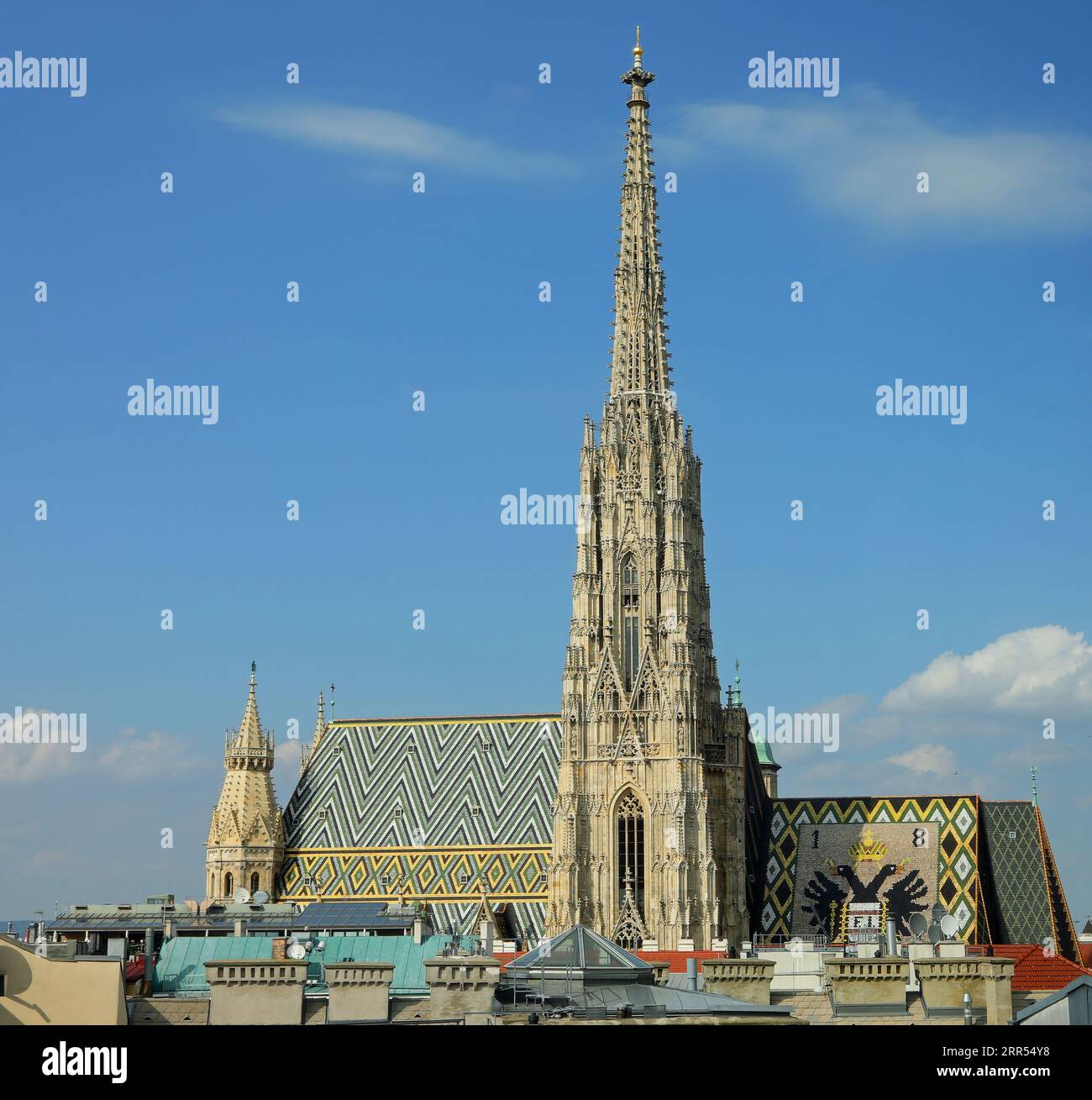 Bell tower and roof of Cathedral of Saint Stephen in Vienna in Austria ...