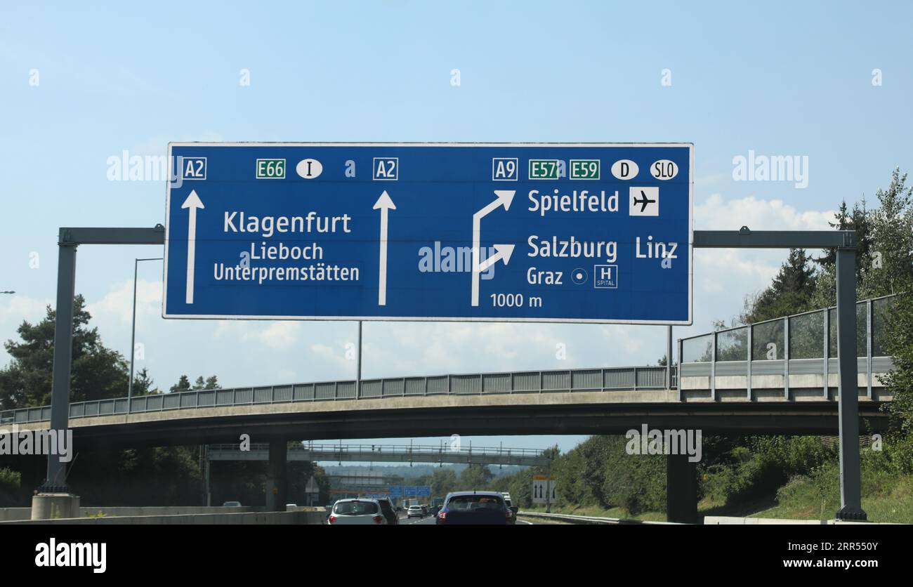 road sign in Austria with directions to European border and cities with ...