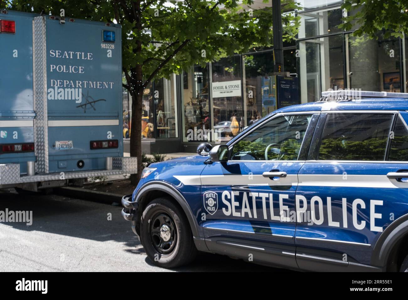 Seattle, USA. 18th July, 2023. Anarchy tag on the SPD police mobile ...