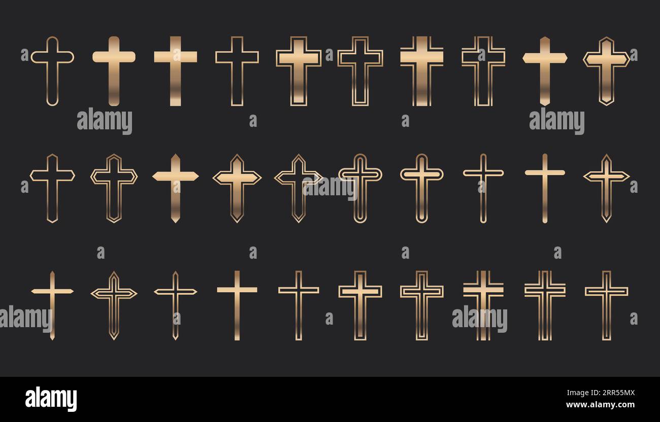 Flat Vector Golden Christian Cross Icons Set. Line Silhouette Cut Out ...
