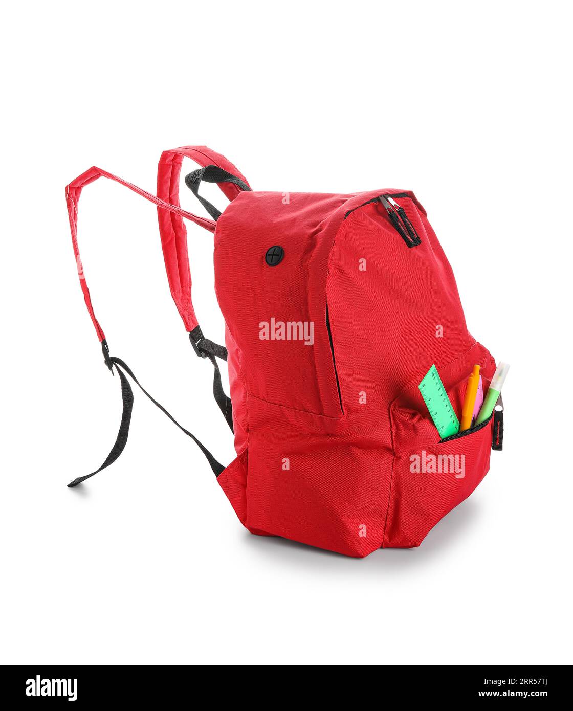 Stylish red school backpack with different stationery supplies on white ...