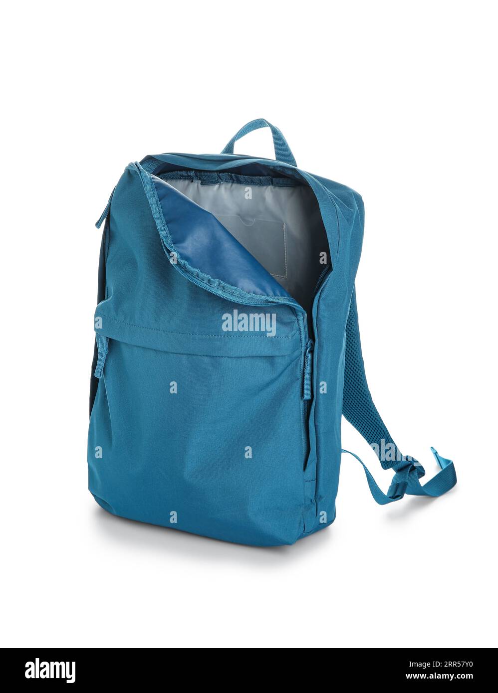 Stylish blue school backpack on white background Stock Photo - Alamy